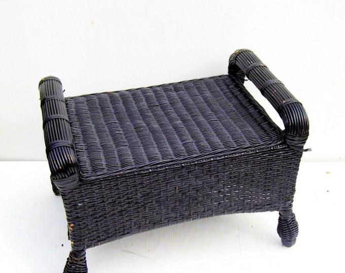 Vintage Wicker Footstool, Mid Century Black Wicker Stool, Small Wicker ...