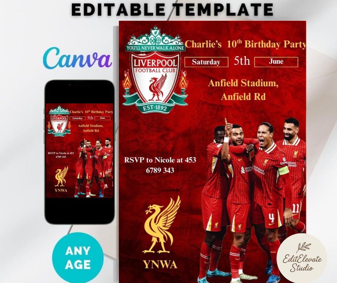 Liverpool FC Birthday Invitation | Editable Football Party Template ...
