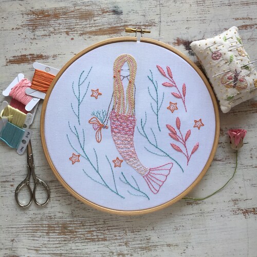 Mermaid Hand Embroidery Pattern PDF Mermaid With Shells - Etsy