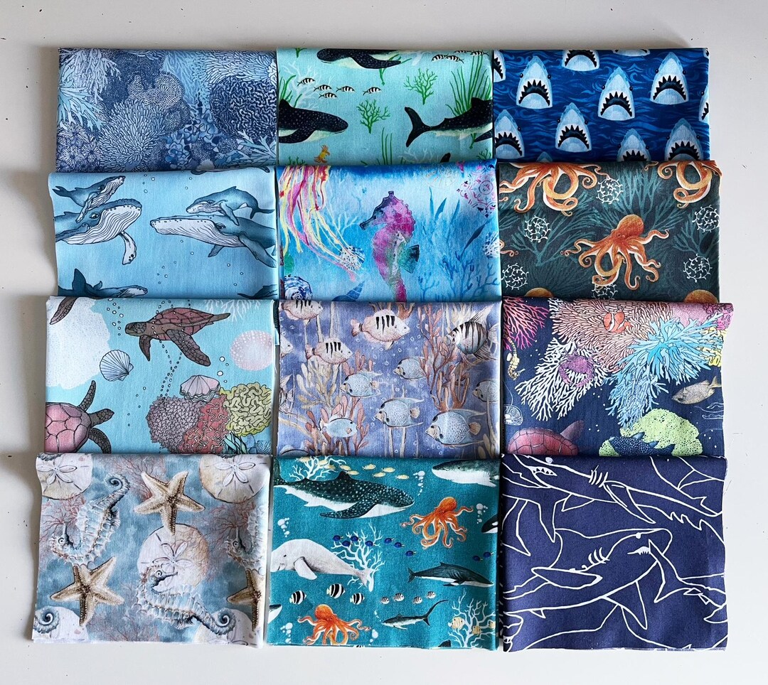 Victoria Mcgrane Sea Animal Fabric Bundle, 12pc Ocean Creature Quilting ...