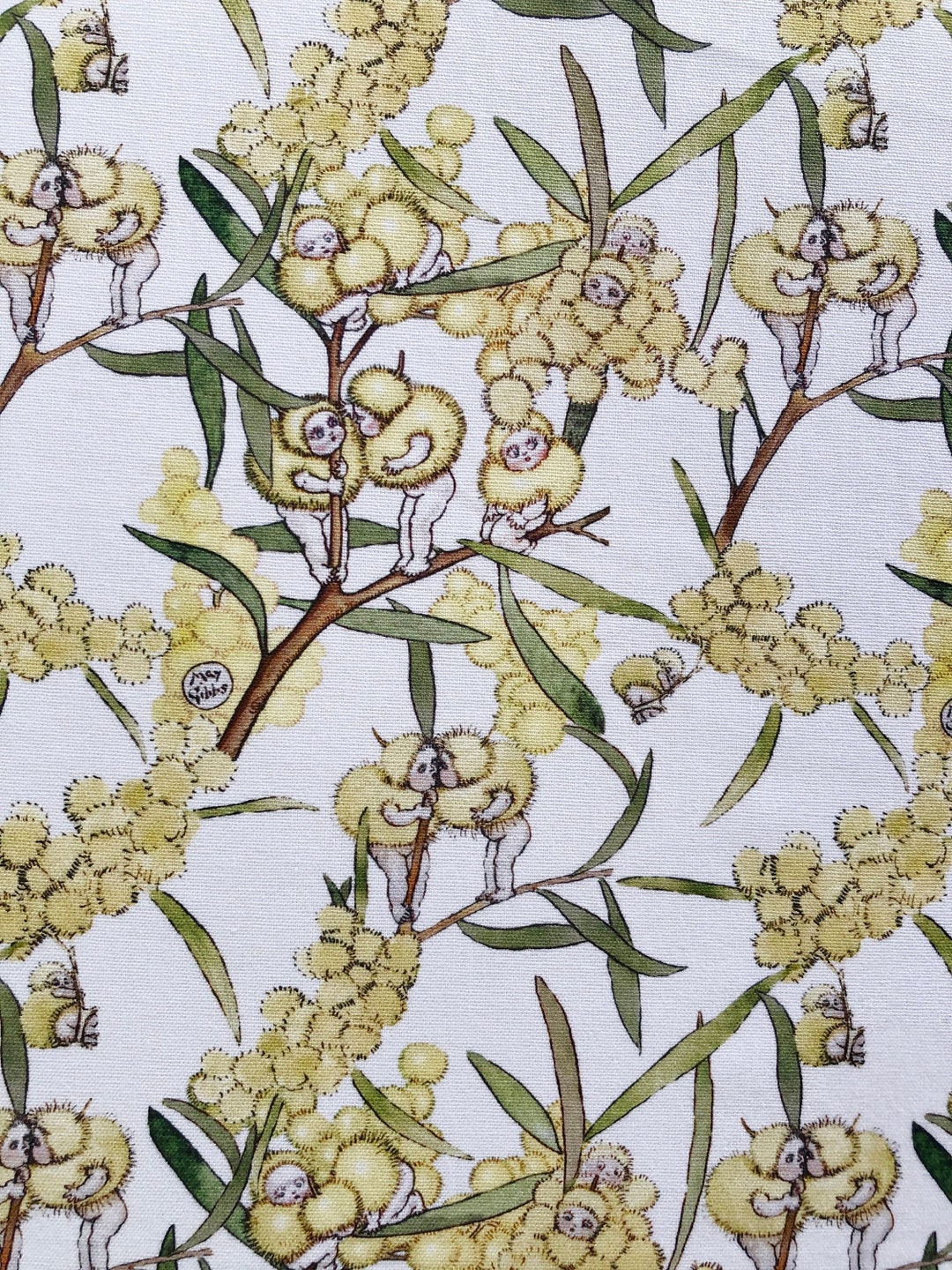 May Gibbs Gumnut Babies Organic Cotton Fabric: Yellow Wattle Blossom ...