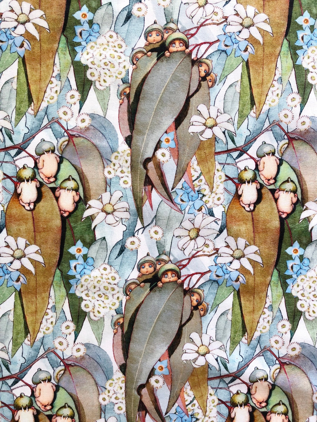 May Gibbs Gumnut Babies, Eucalyptus Leaves & Flowers Floral Quilting ...