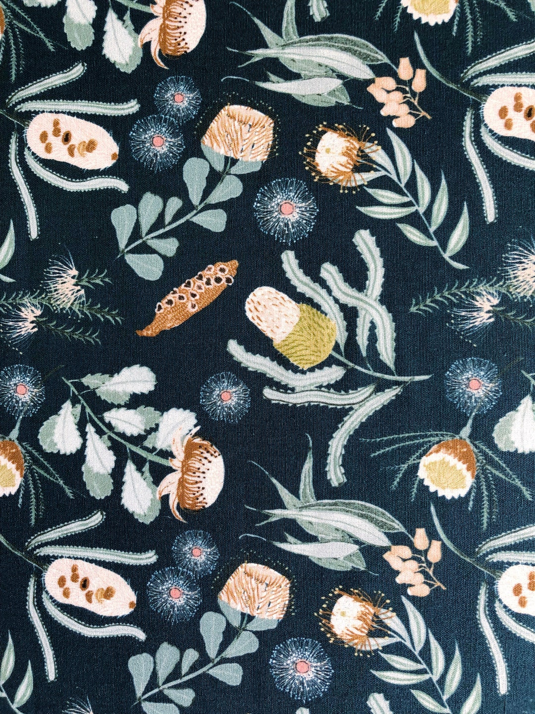 Australian Native Floral Cotton Fabric: Banksia, Protea, Gum Nut Print ...