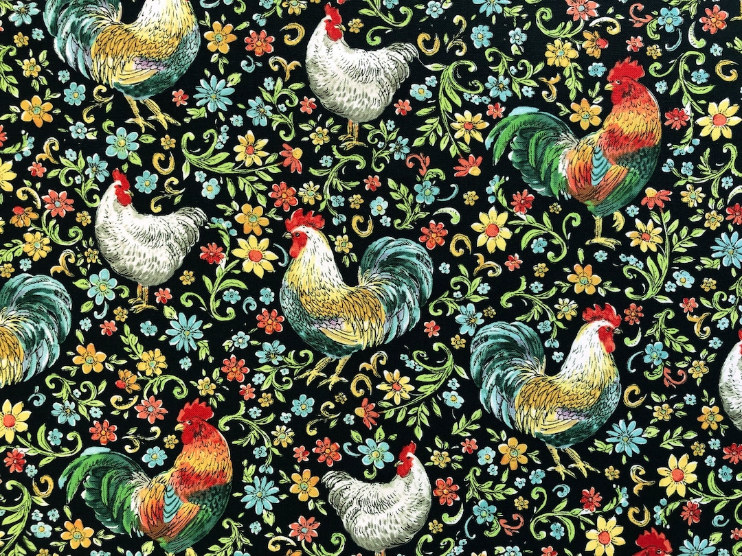 Roosters & Flowers Cotton Fabric: Farm Animal Quilting Material - Etsy