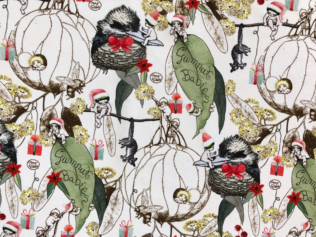 May Gibbs Christmas Gumnut Baby, Kookaburra & Eucalyptus Ivory Floral ...