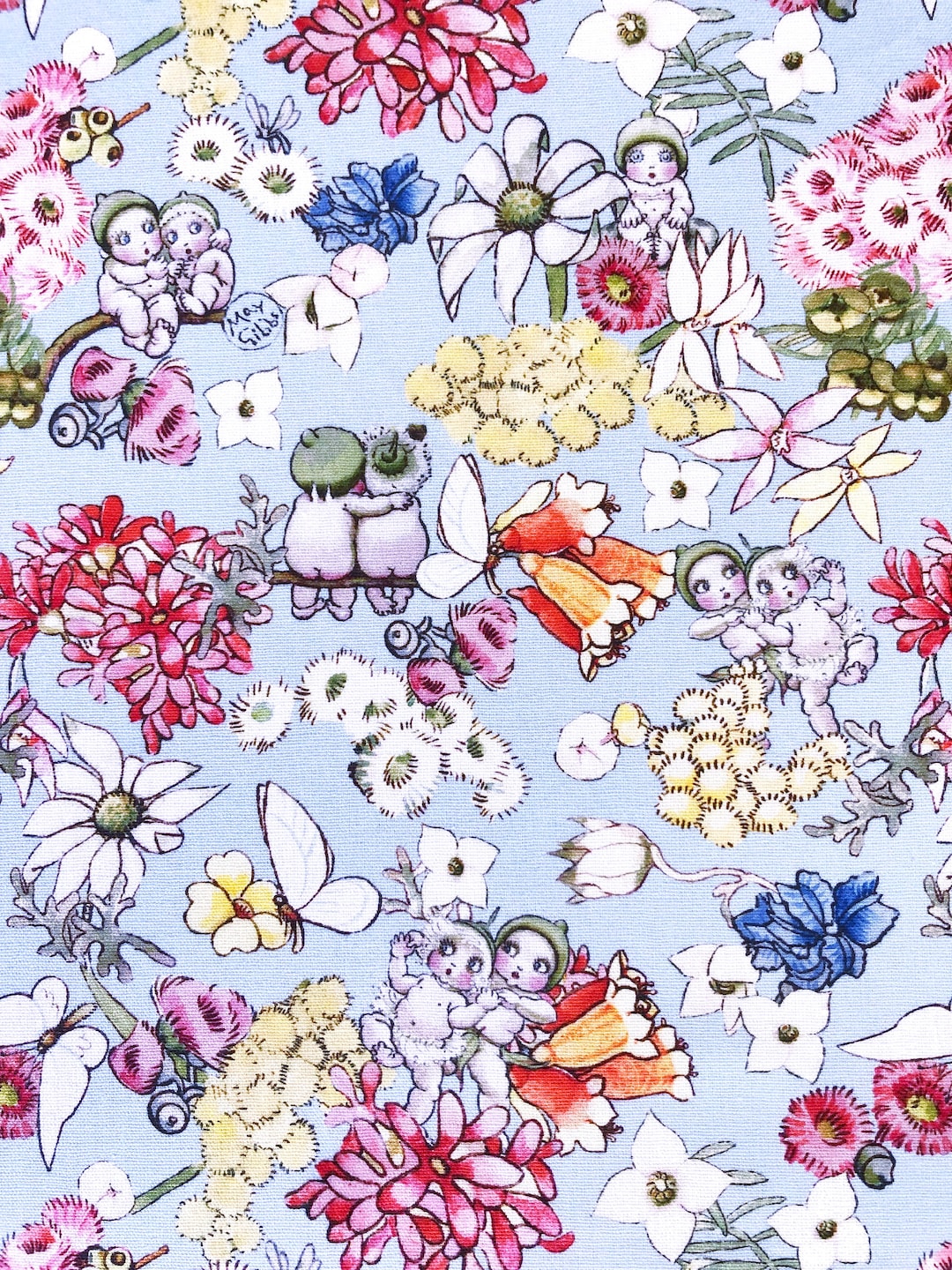 May Gibbs Gumnut Babies Friends Blue Floral Quilting Organic Cotton ...