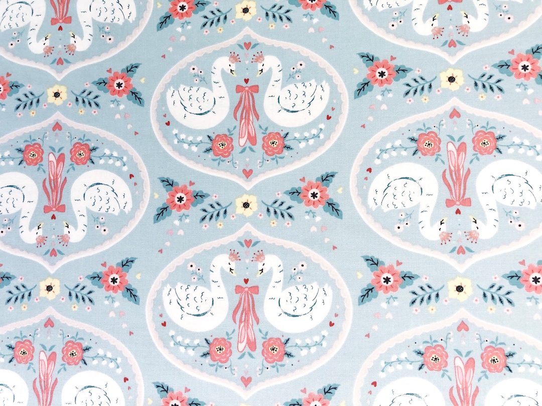 Swan Fabric by the Yard, Lucie Crovatto Blue Ballet Cotton Material ...