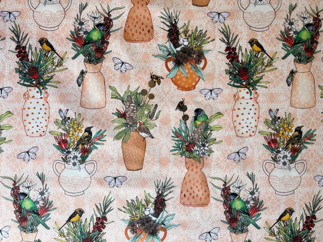 Victoria Mcgrane Australian Bird Fabric, Peach Floral Vase Cotton Print ...