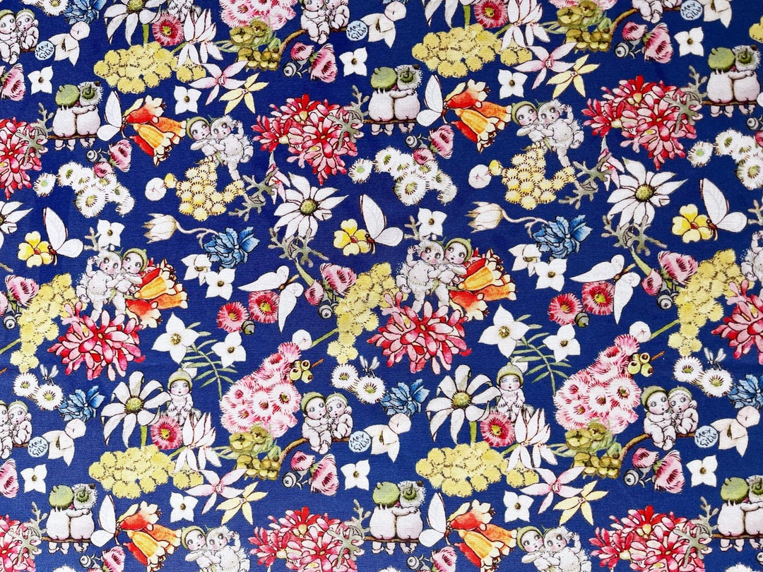 May Gibbs Gumnut Babies Royal Blue Organic Cotton Fabric, Australian ...