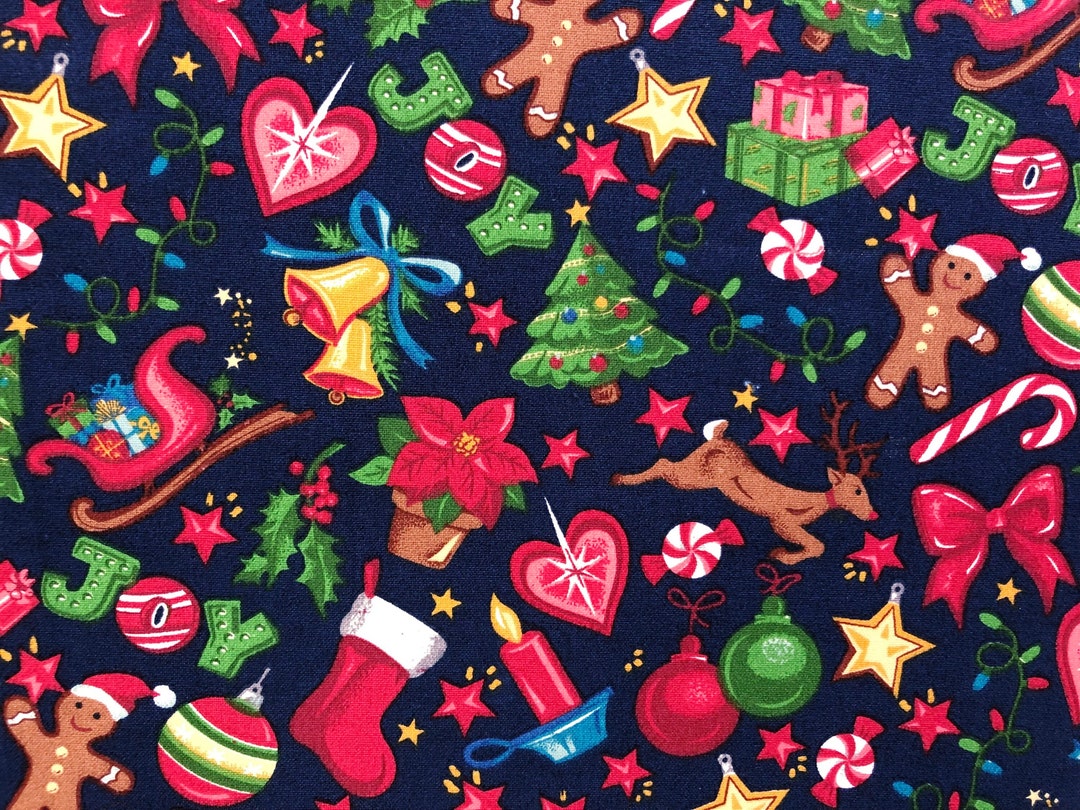 Christmas Cotton Fabric: Gingerbread Man & Tree Print, Navy Blue ...