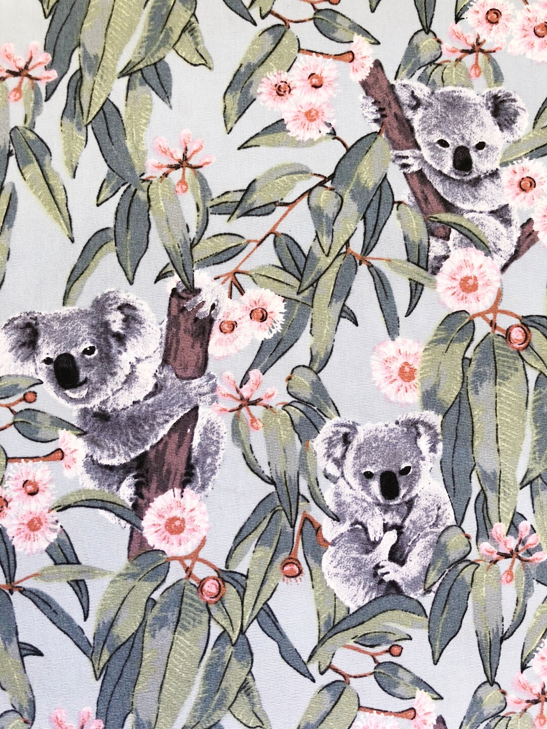 Koala in Gum Tree Fabric: Blue Floral Quilting Cotton, Australian ...