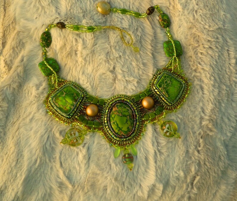Spring Green Jasper Bead Embroidered Necklace - Etsy