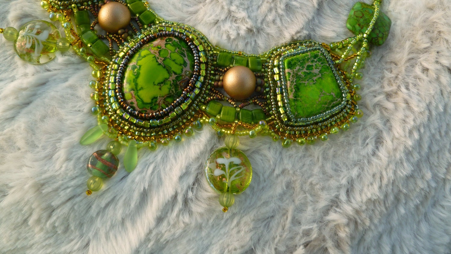 Spring Green Jasper Bead Embroidered Necklace - Etsy