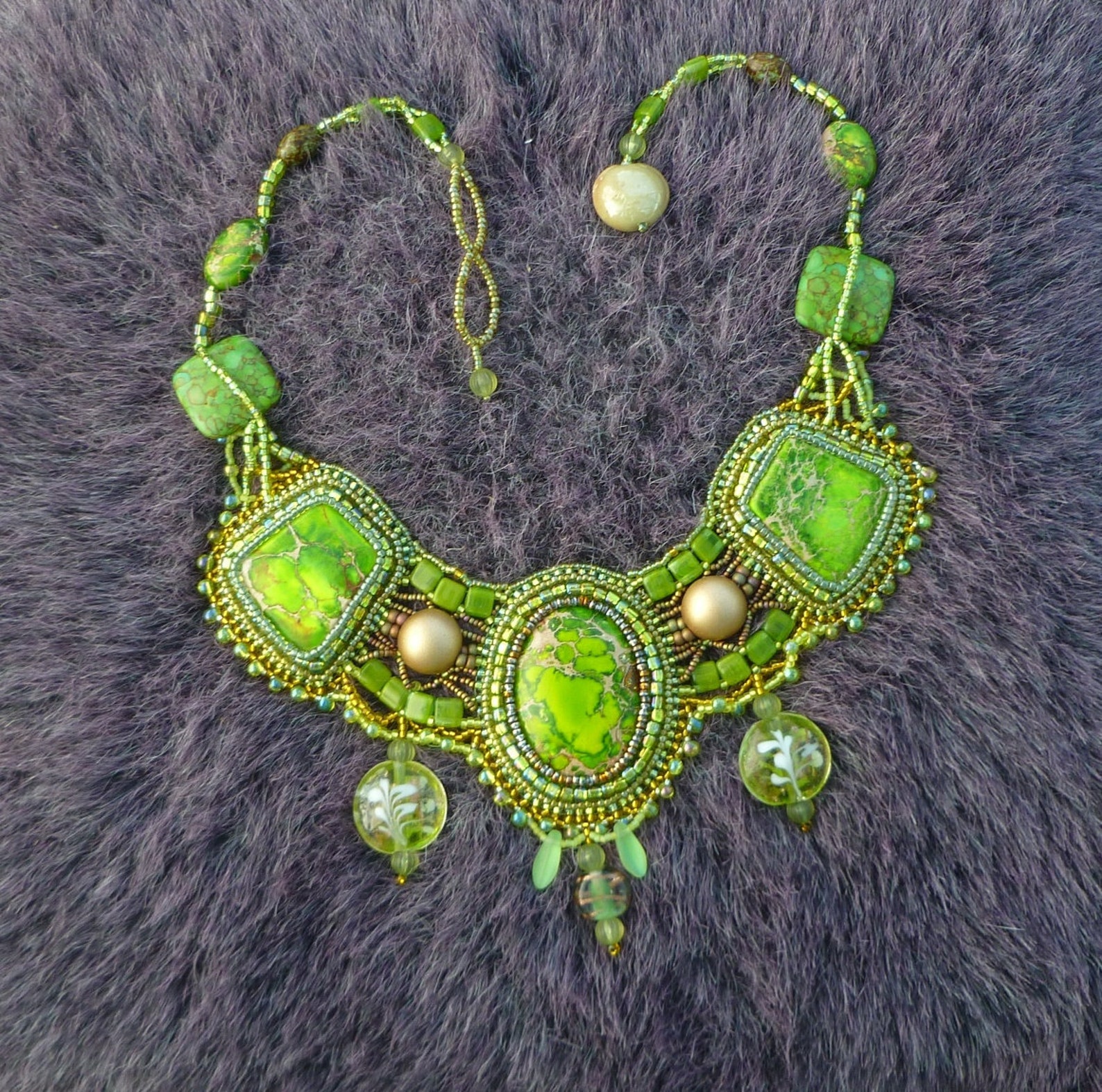 Spring Green Jasper Bead Embroidered Necklace - Etsy