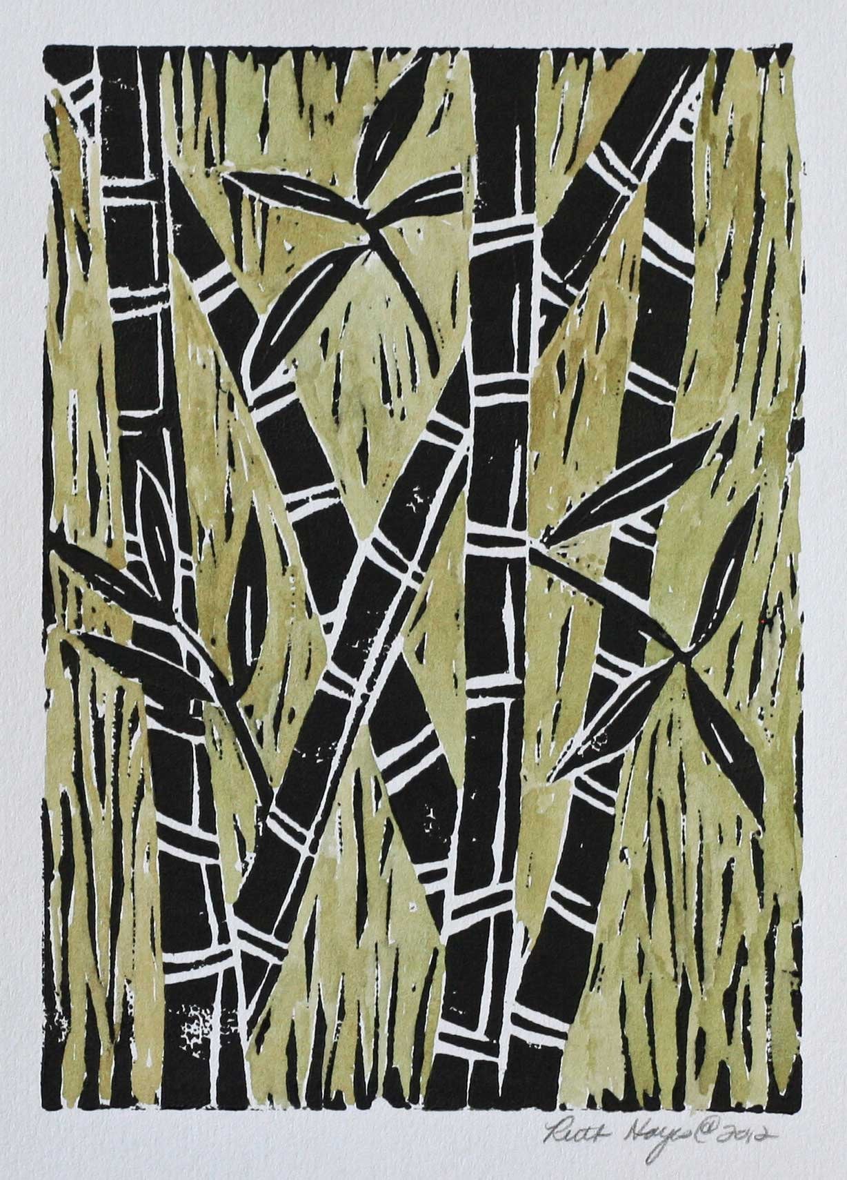 Bamboo Linocut 5x7 Original Block Print, Black Green, Watercolor Home ...