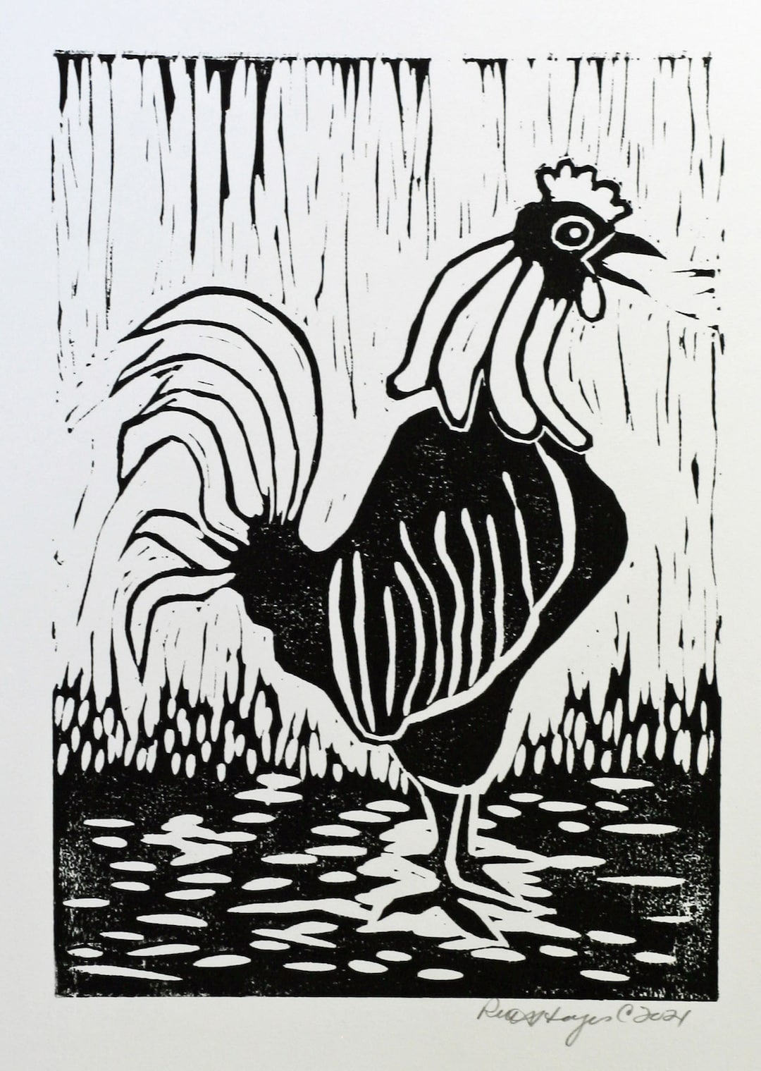 Whimsical Rooster Linocut Print: Black Folk Art Bird (5x7) - Etsy