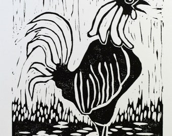 Whimsical Rooster Original Linocut 5x7 Chicken Block Print | Etsy