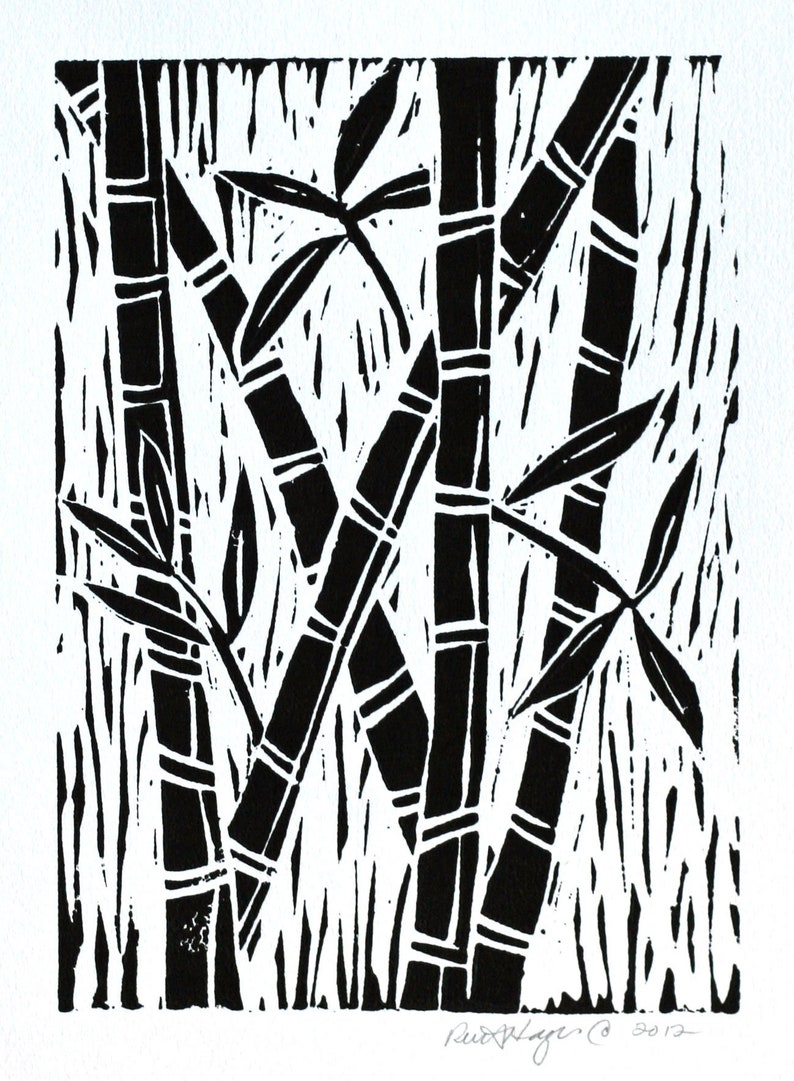 Black Bamboo Linocut 5x7 White Original Block Print, Asian Style Home ...