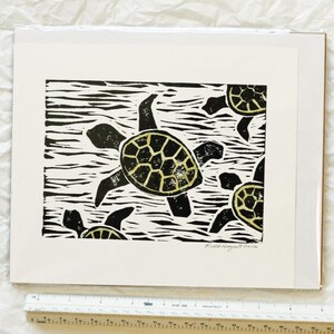 Sea Turtle Linocut Print: Black & Green Watercolor Folk Art (7x5 ...