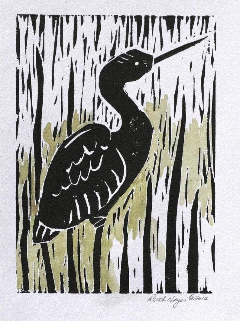 Long Billed Shore Bird Linocut 5x7 Original Block Print Green Black ...