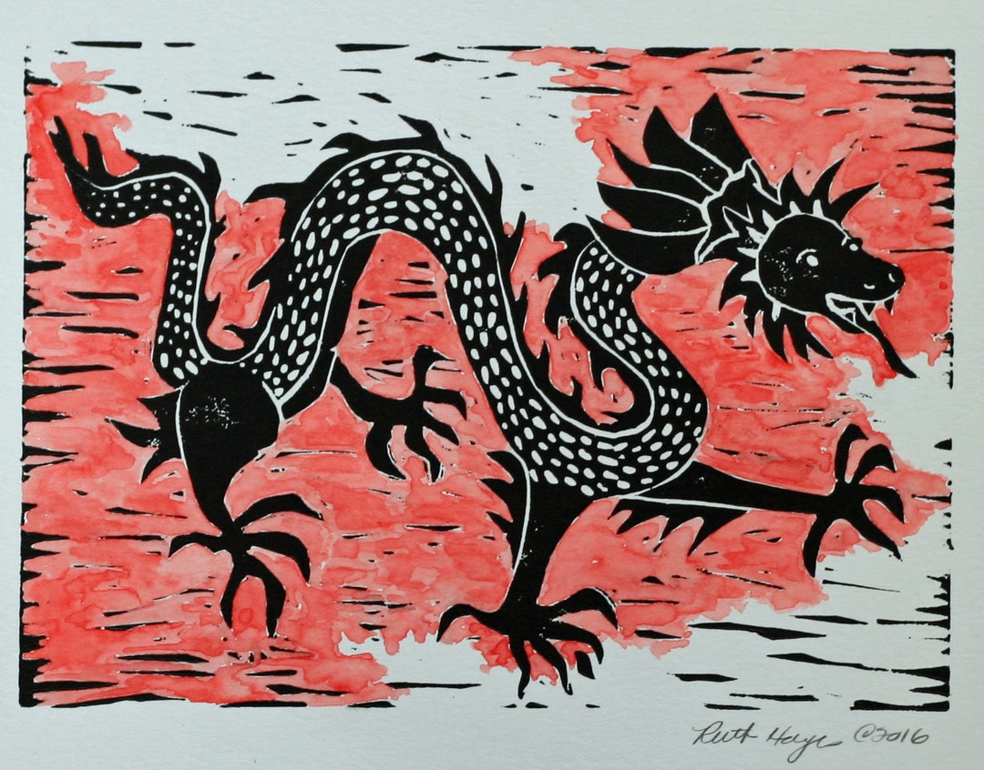 Chinese Dragon Linocut Print: Red Watercolor Asian Art (5x7) - Etsy