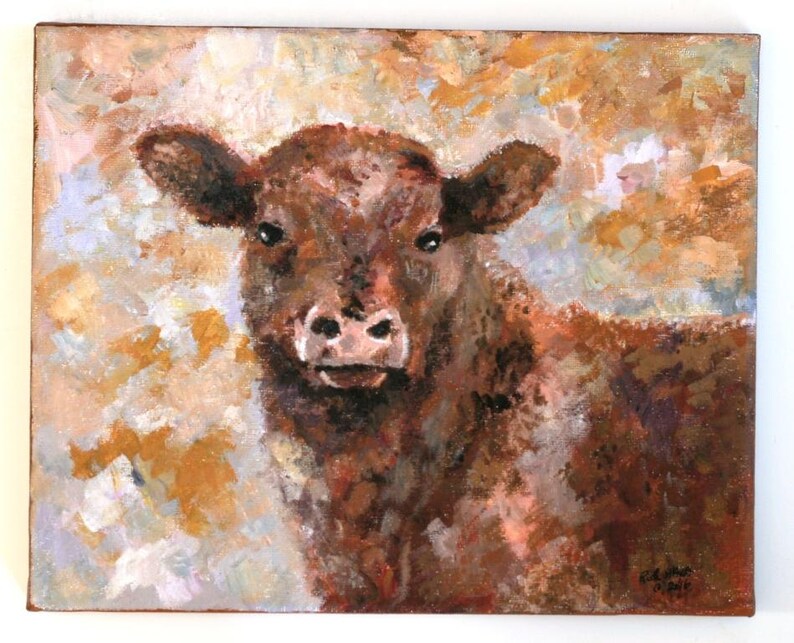 Brown Calf Acrylic Painting, Red Cow Art 10x8 Rural Western Cattle Art ...
