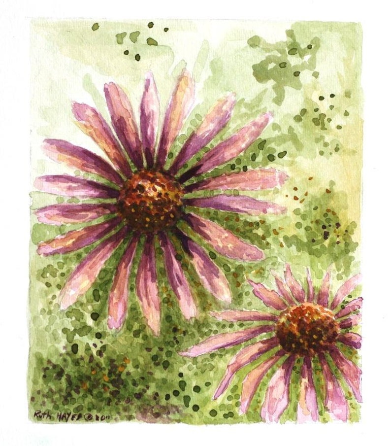 Pointillism Cone Flower Watercolor Painting: Purple Botanical Art (5x6 ...