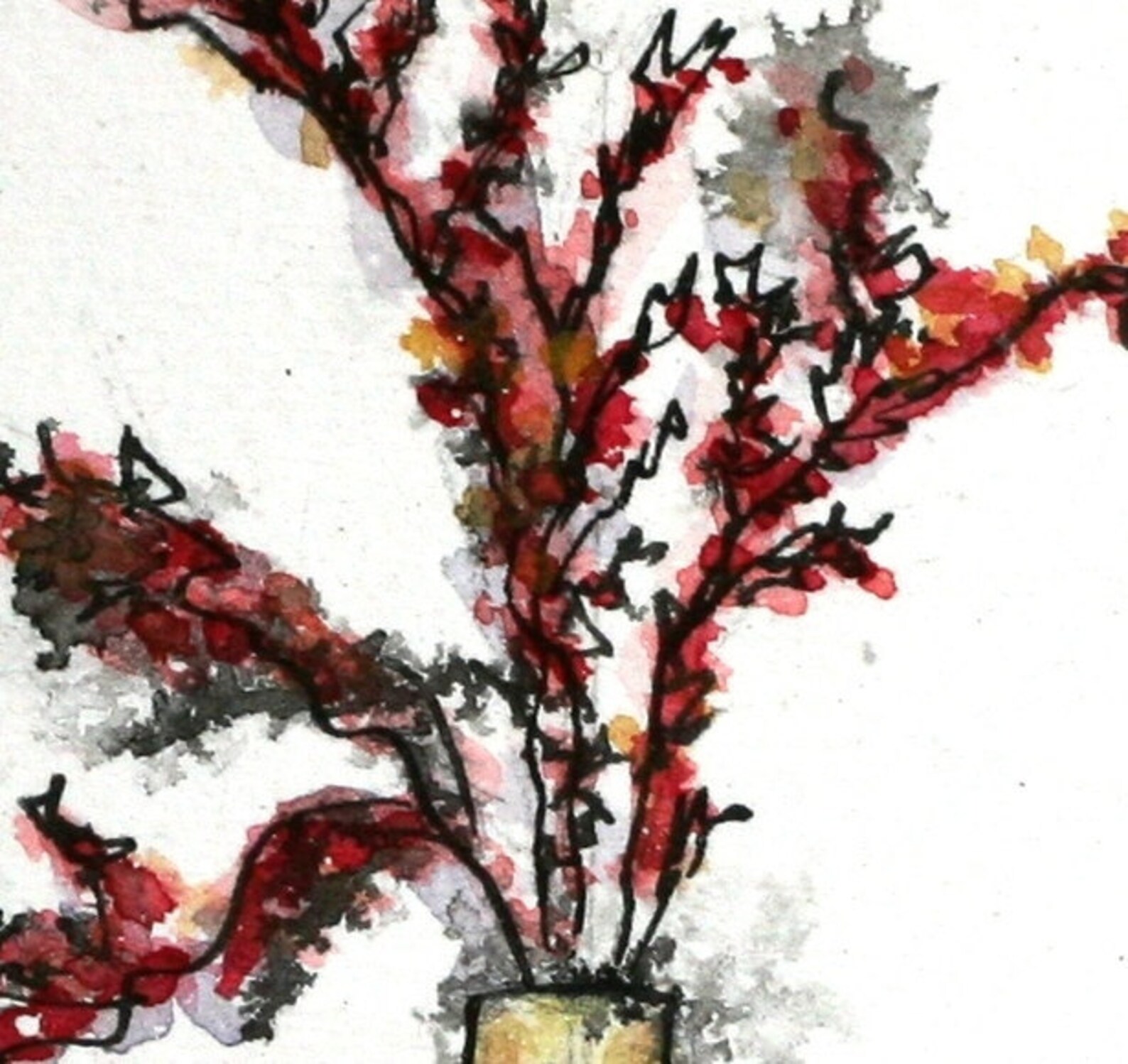 Dried Red Flower Still Life, Watercolor Pen and Ink Original Flower Pot ...