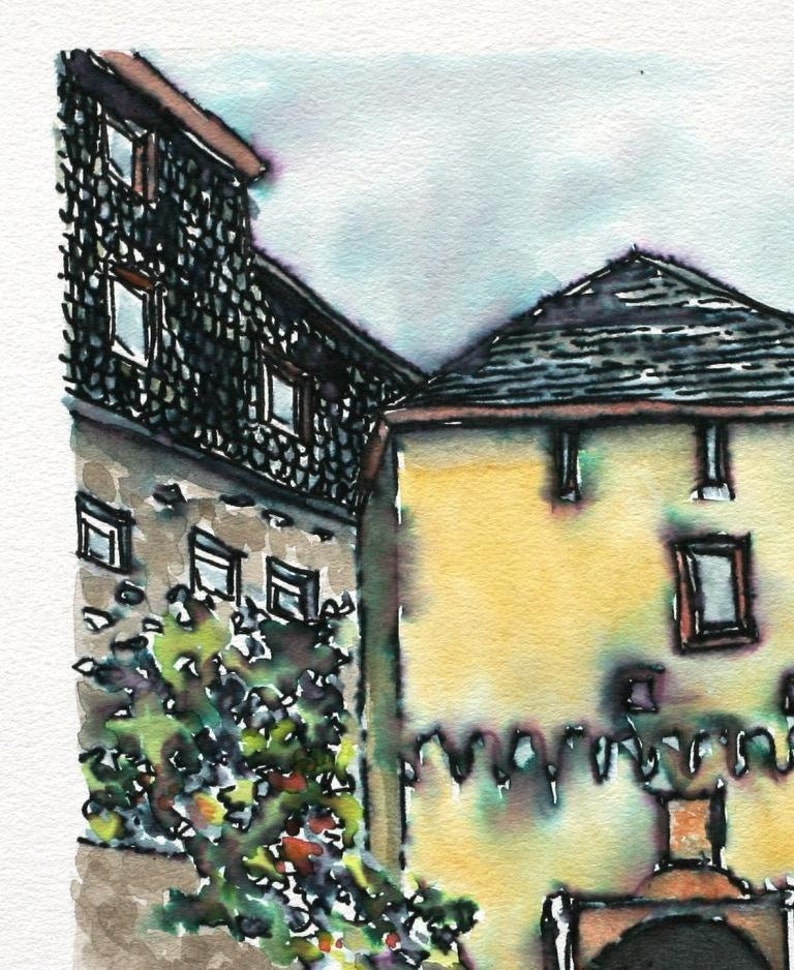 German Castle Painting, Germany Architectural Art, Original Pen and Ink ...