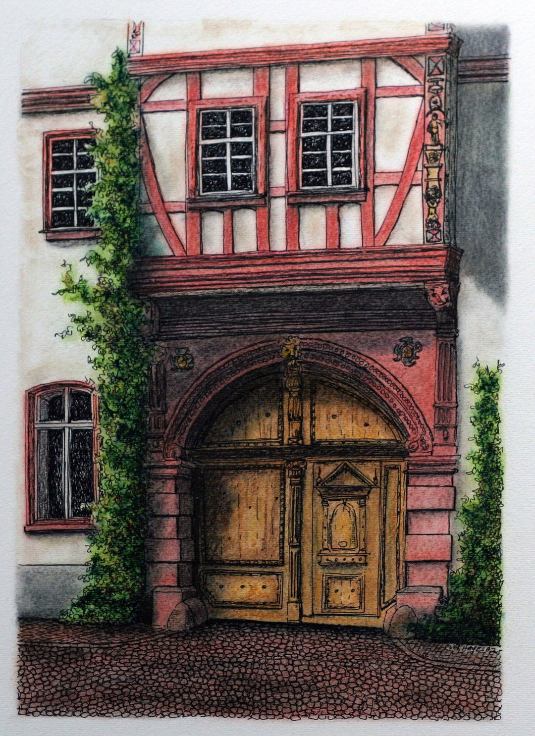 German Timbered Street Scene Art: Pen and Ink Pastel Drawing (8" X 10.5 ...