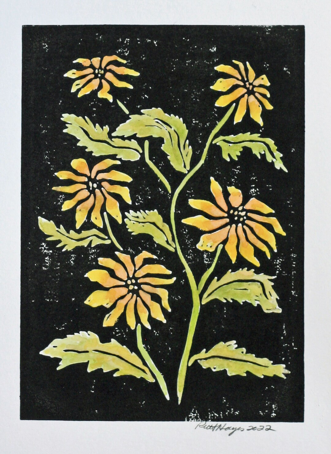 Black Eyed Susan Linocut Print: Botanical Folk Art (5x7) - Etsy