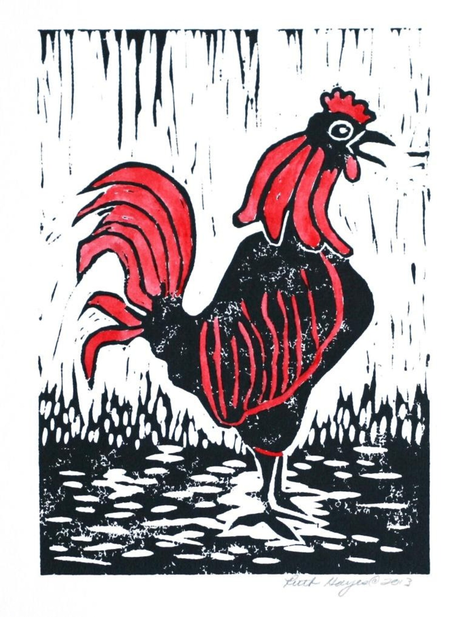 Whimsical Rooster Original Linocut 5x7 Chicken Block Print - Etsy