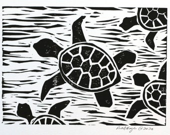 Sea Turtle Linocut Print - Etsy