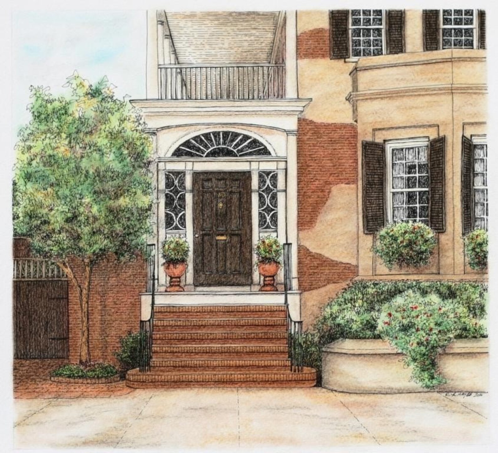 Original Pastel Brown Brick Architectural Art Pen and Ink - Etsy