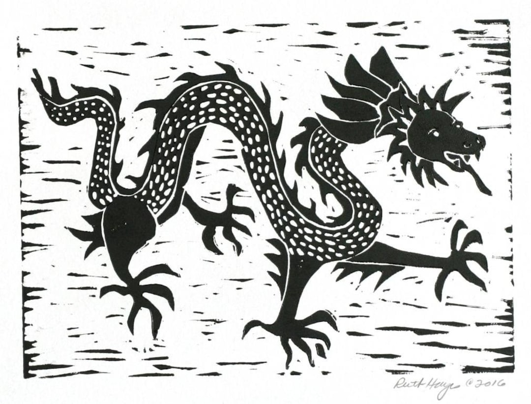 Chinese Dragon Linocut 5x7 Original Block Print, Black Asian Dragon ...
