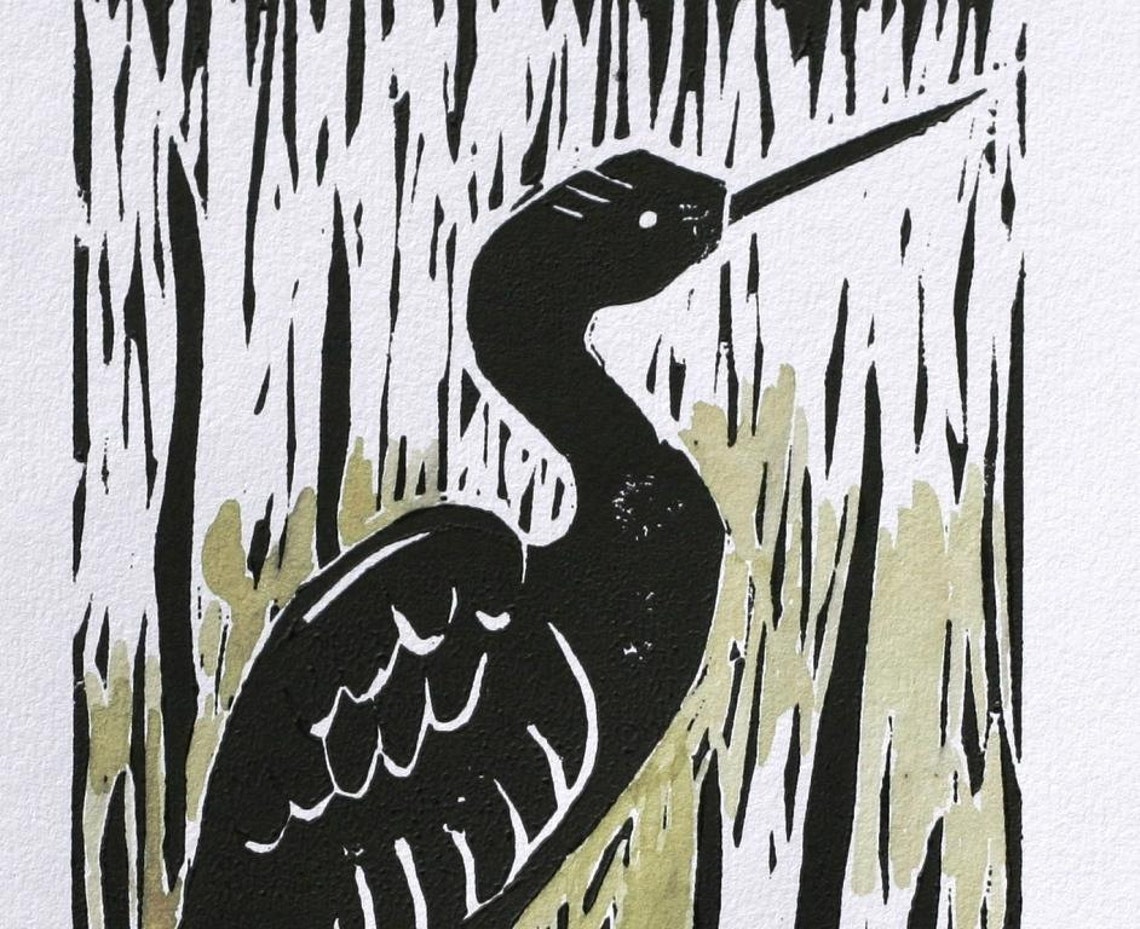 Long Billed Shore Bird Linocut 5x7 Original Block Print Green Black ...