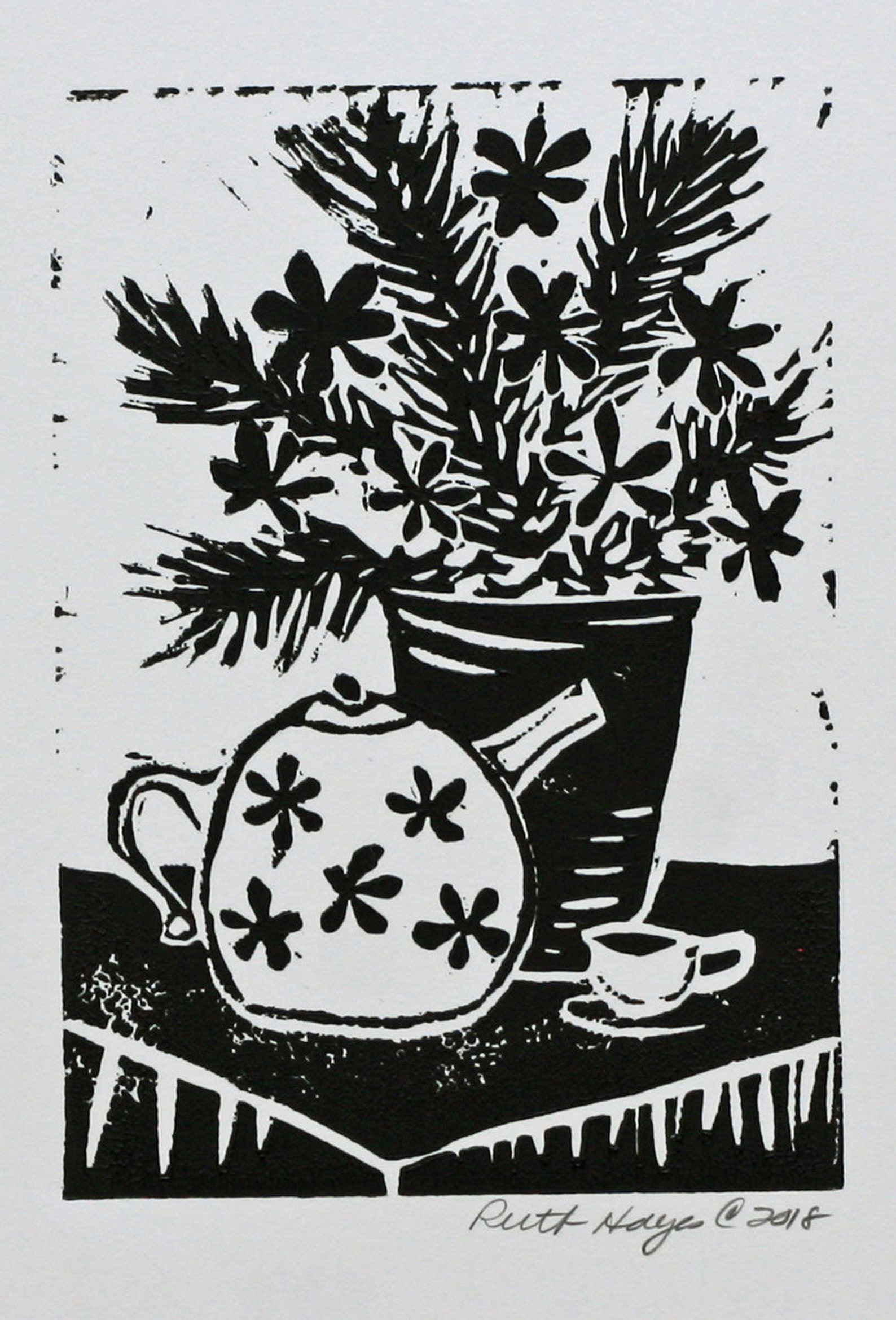 Original Linocut Still Life: Teapot & Flowers Folk Art Print (3.5" X 5 ...