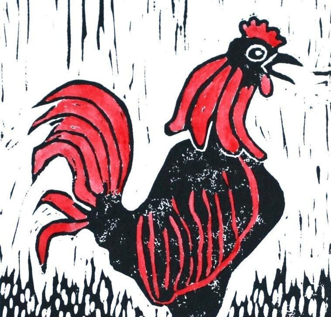 Whimsical Rooster Original Linocut 5x7 Chicken Block Print, Folk Art ...