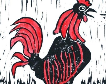 Whimsical Rooster Original Linocut 5x7 Chicken Block Print - Etsy