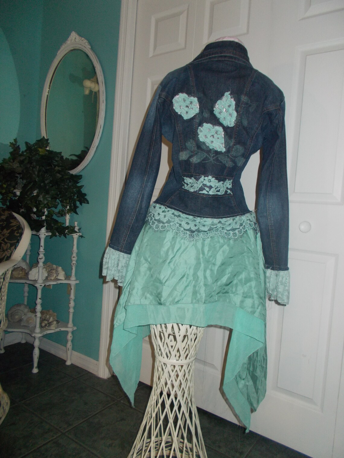 Ruffle lace embellished denim jacket duster aqua mint green | Etsy