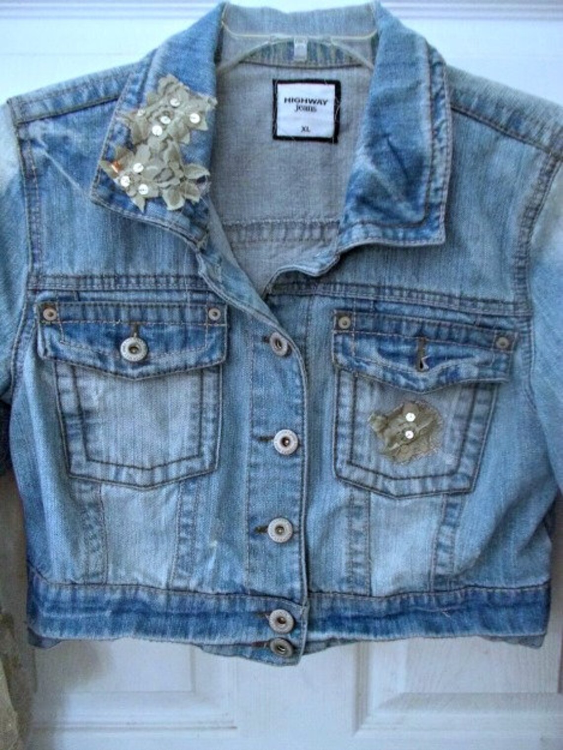 Ruffled French Lace Jean Jacket Taupe Bell Sleeves Rose Appliqués ...