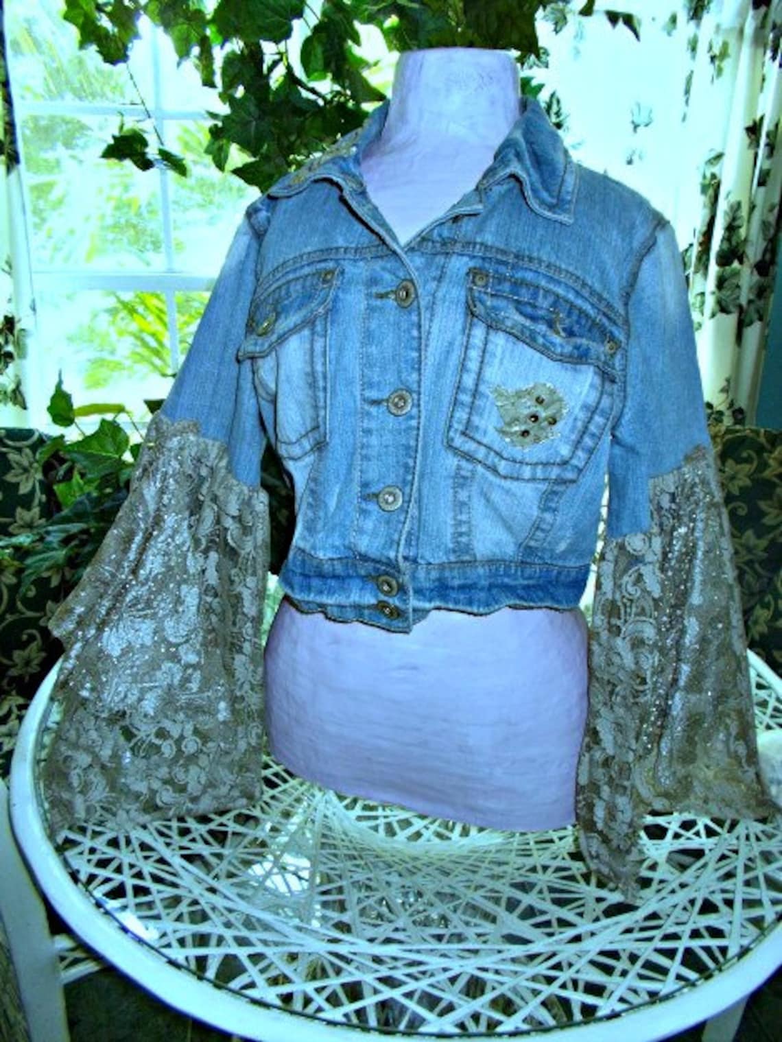 Ruffled French Lace Jean Jacket Taupe Bell Sleeves Rose Appliqués ...