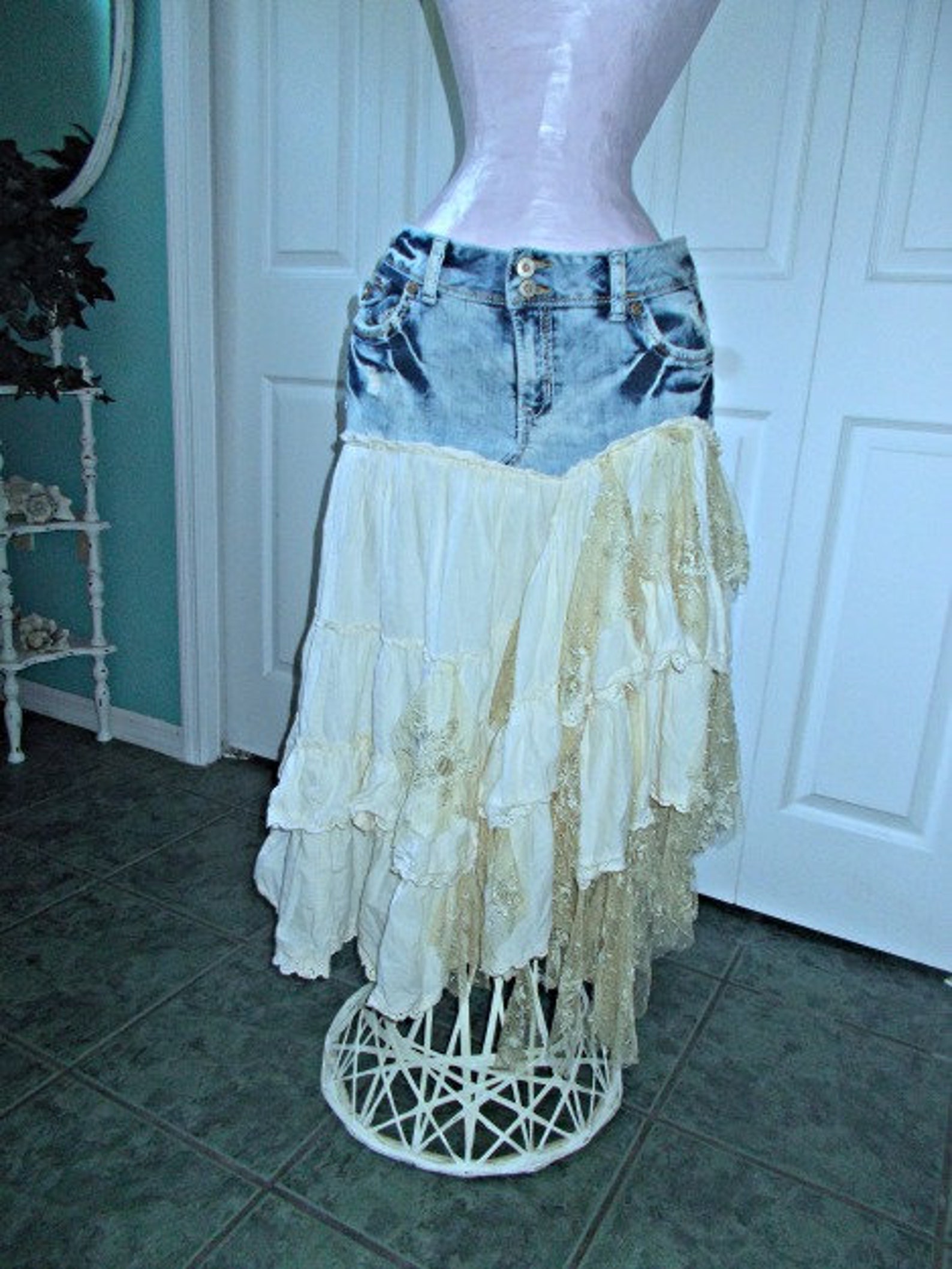 Cream Ruffle Jean Skirt Antique French Beige Lace Boho - Etsy