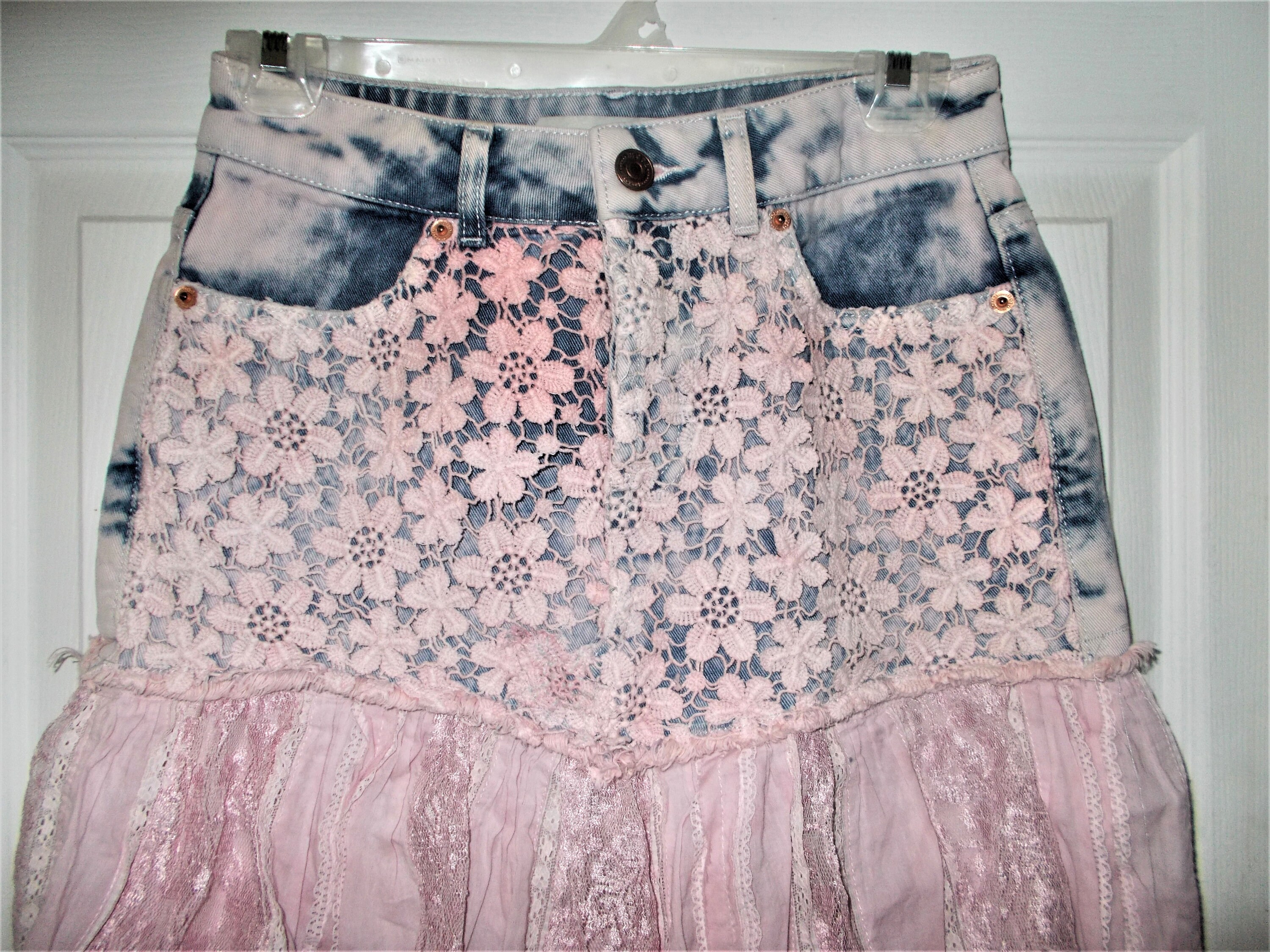 Pink Lace Ruffle Jean Skirt Rose Floral Embroidered Upcycled Top Shop ...