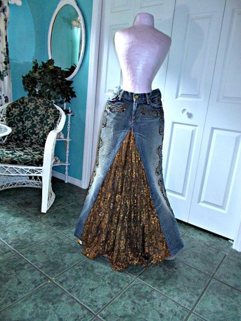 Copper Lace Jean Skirt Bronze Metallic Ruffle Beaded Rhinestones ...