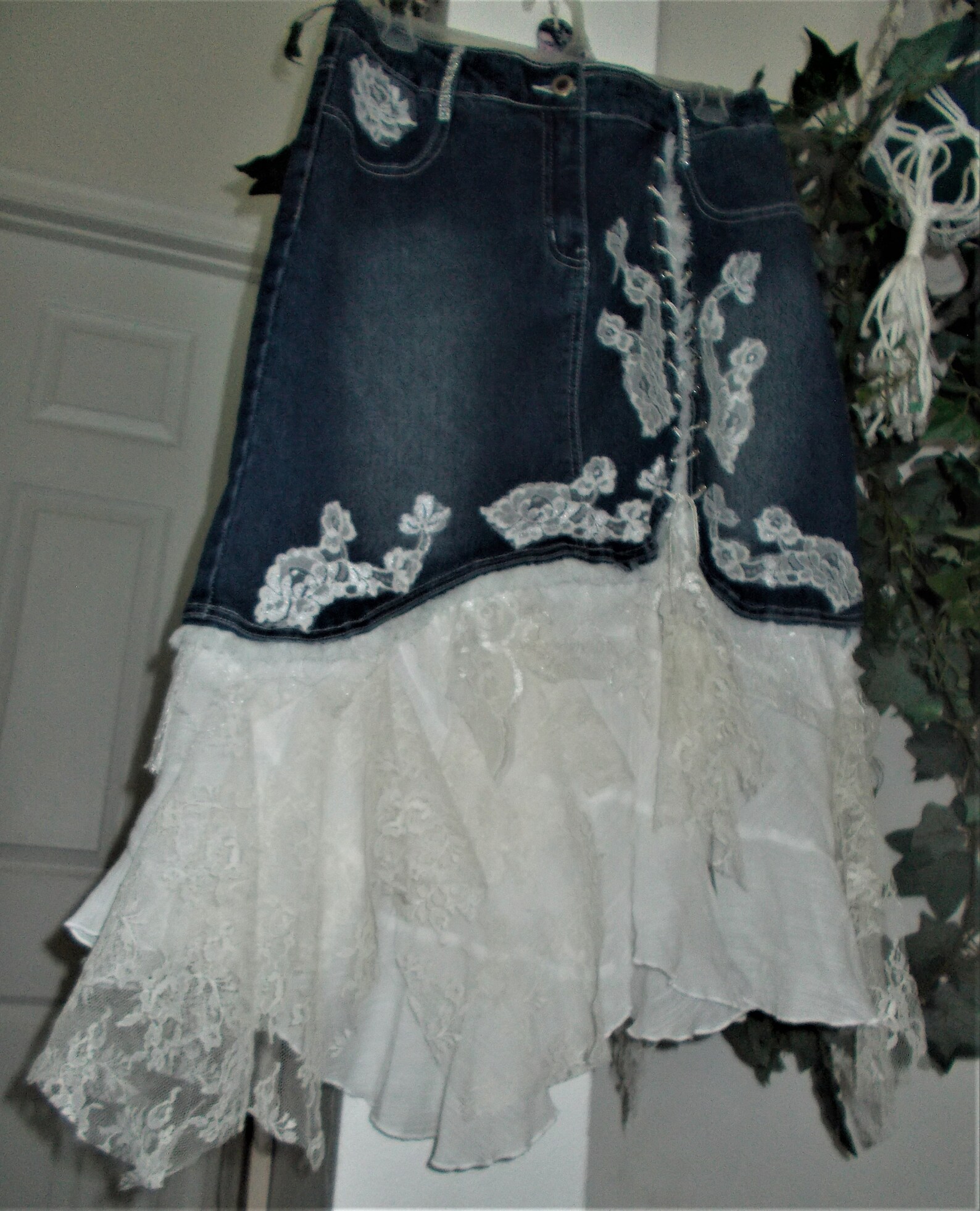 Ruffle Lace Jean Skirt Vintage French White Ivory Rose Appliqué Stretch ...