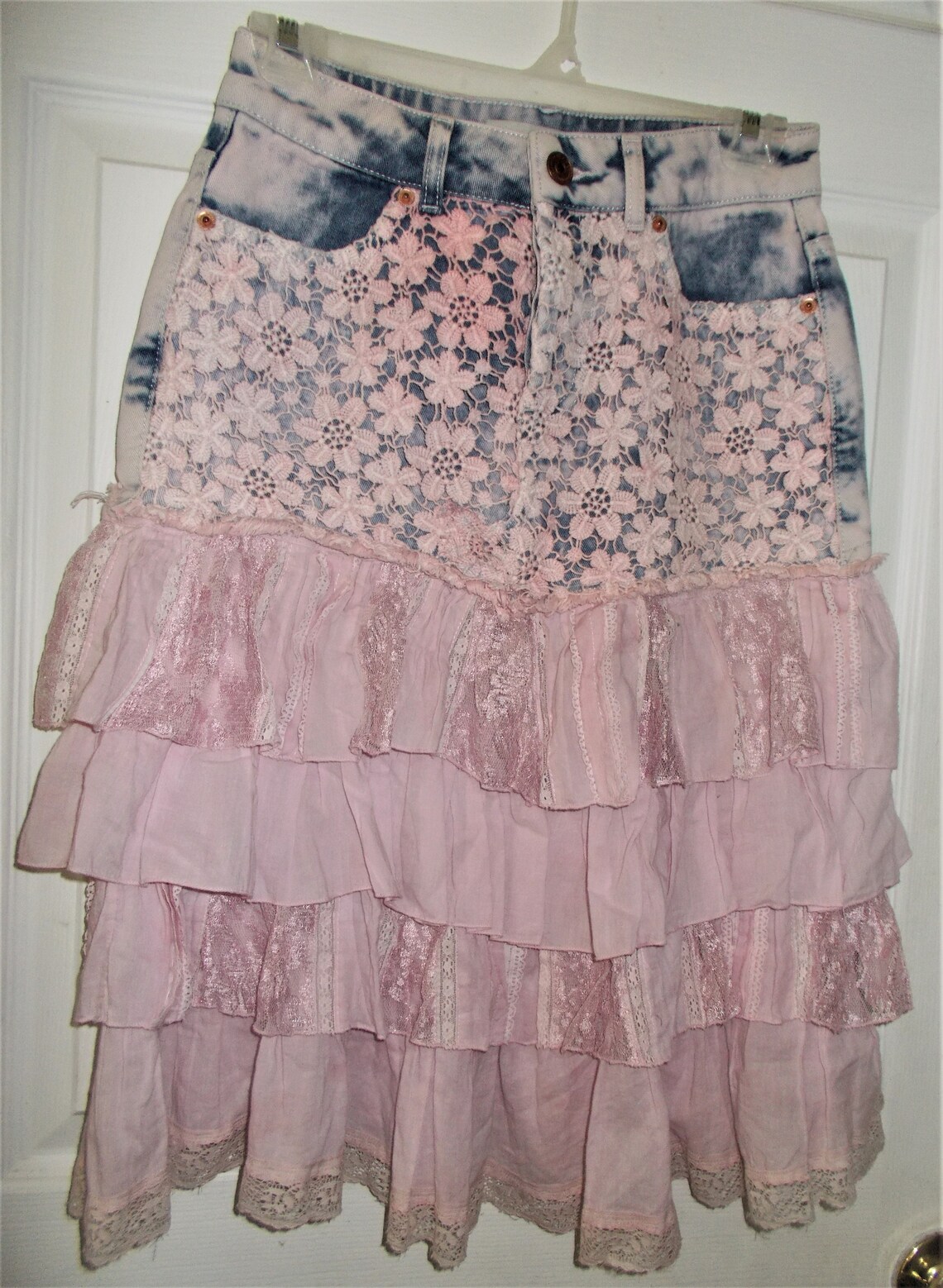 Pink Lace Ruffle Jean Skirt Rose Floral Embroidered Upcycled | Etsy