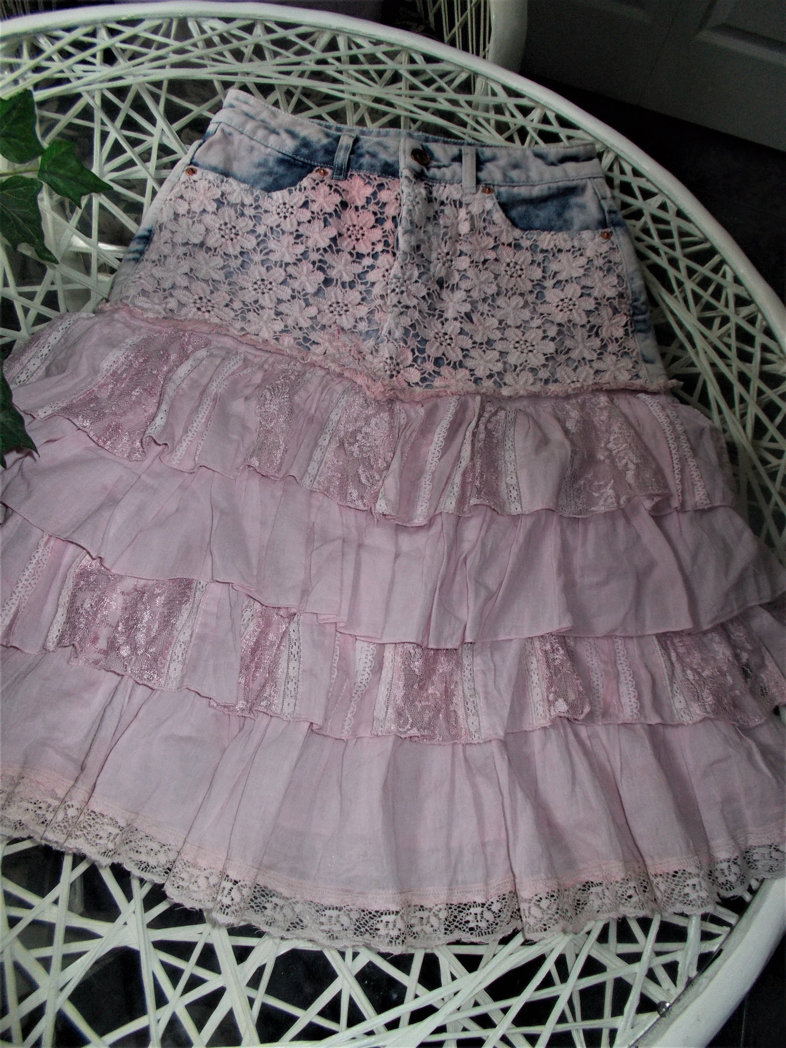 Pink Lace Ruffle Jean Skirt Rose Floral Embroidered Upcycled | Etsy