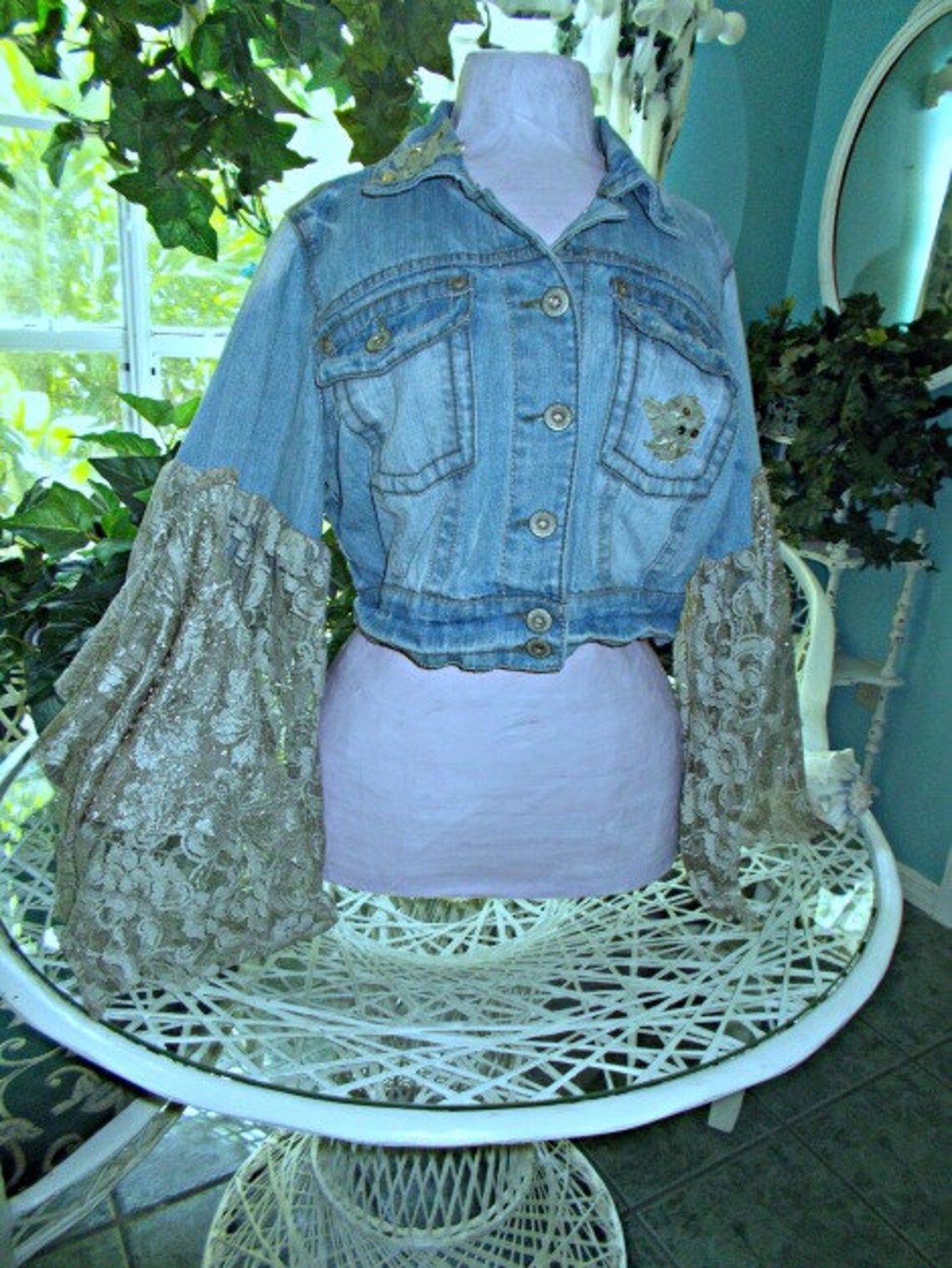 Ruffled French Lace Jean Jacket Taupe Bell Sleeves Rose Appliqués ...