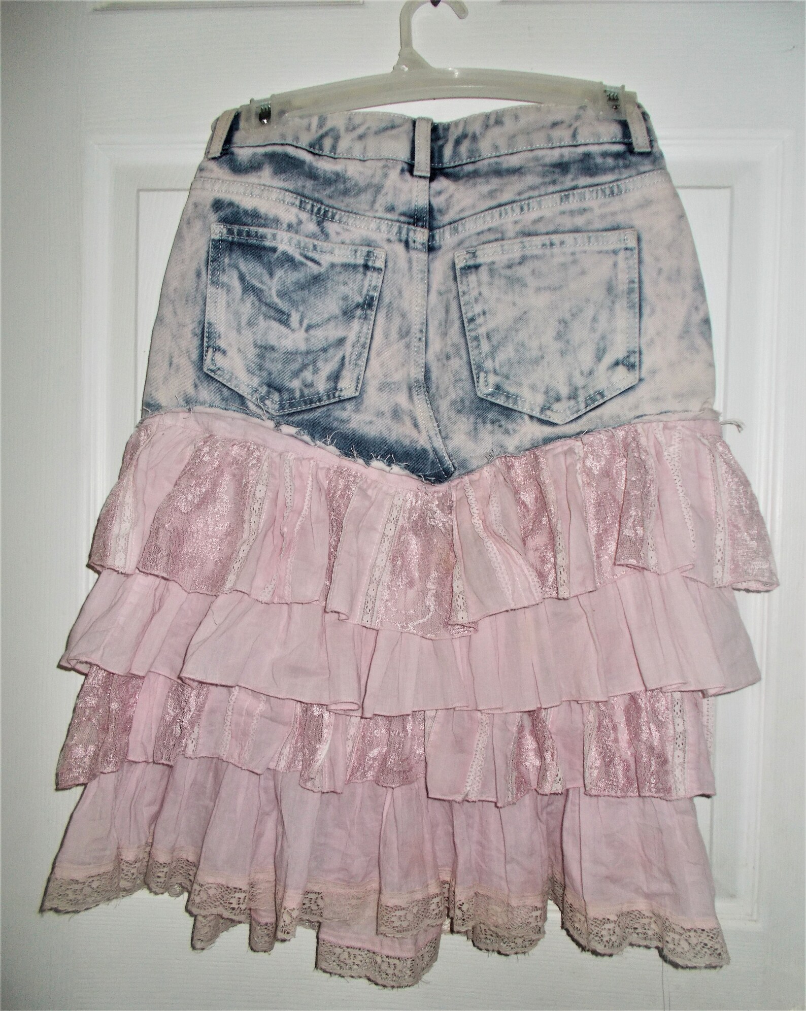 Pink Lace Ruffle Jean Skirt Rose Floral Embroidered Upcycled | Etsy